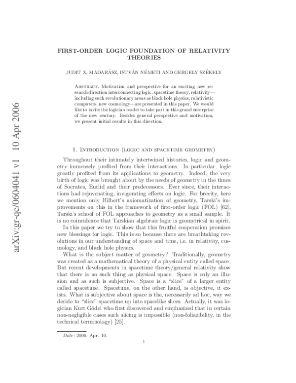 (PDF) First-Order Logic Foundation of Relativity Theories