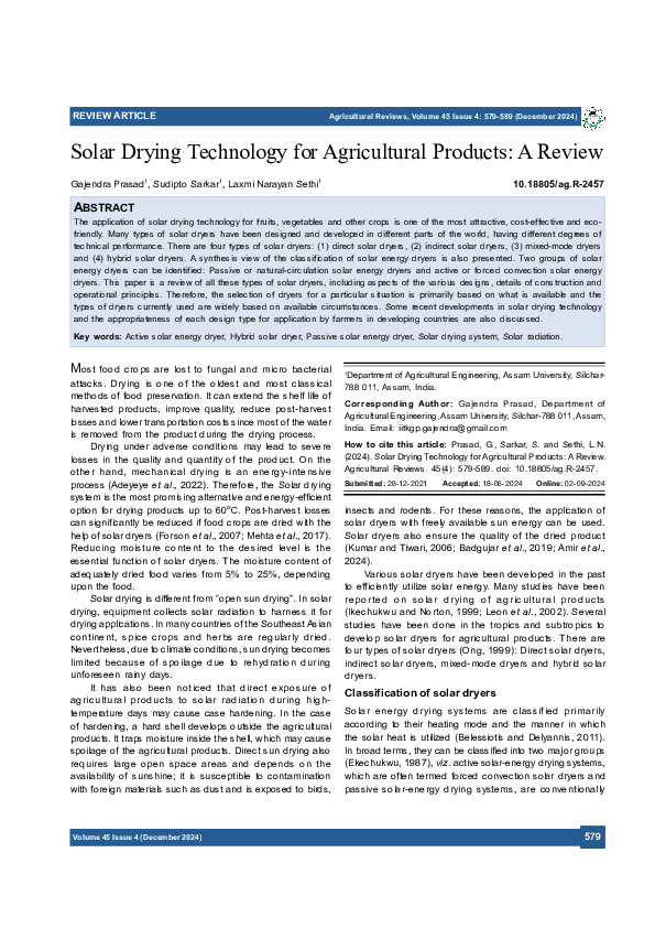 (PDF) Solar Drying Technology for Agricultural Products: A Review