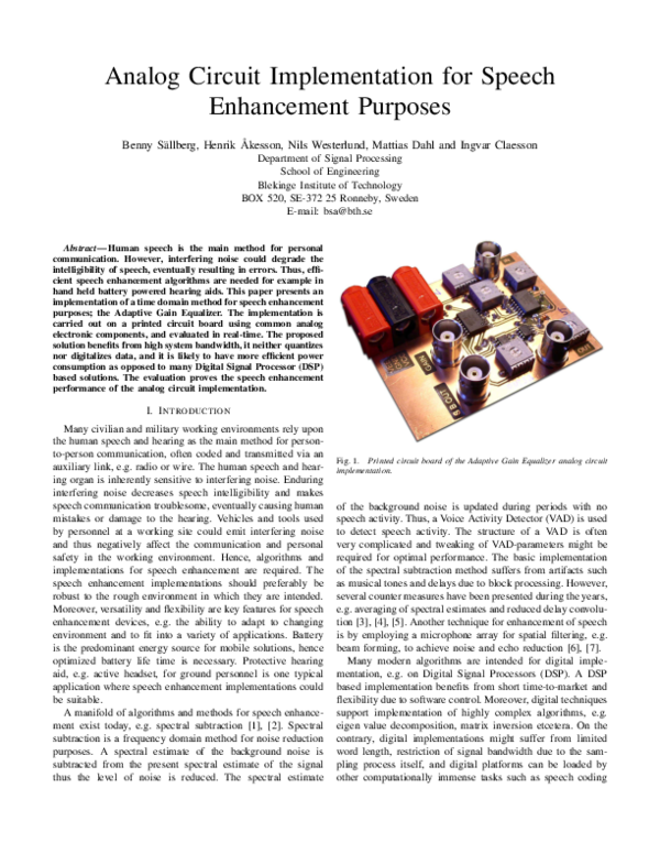 (PDF) Analog circuit implementation for speech enhancement purposes