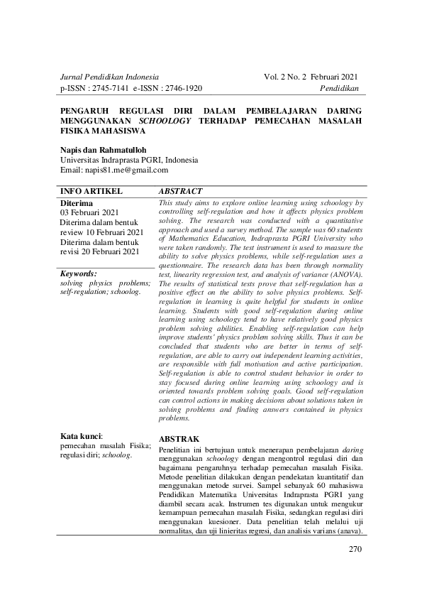 (PDF) Pengaruh Regulasi Diri Dalam Pembelajaran Daring Menggunakan Schoology Terhadap Pemecahan ...