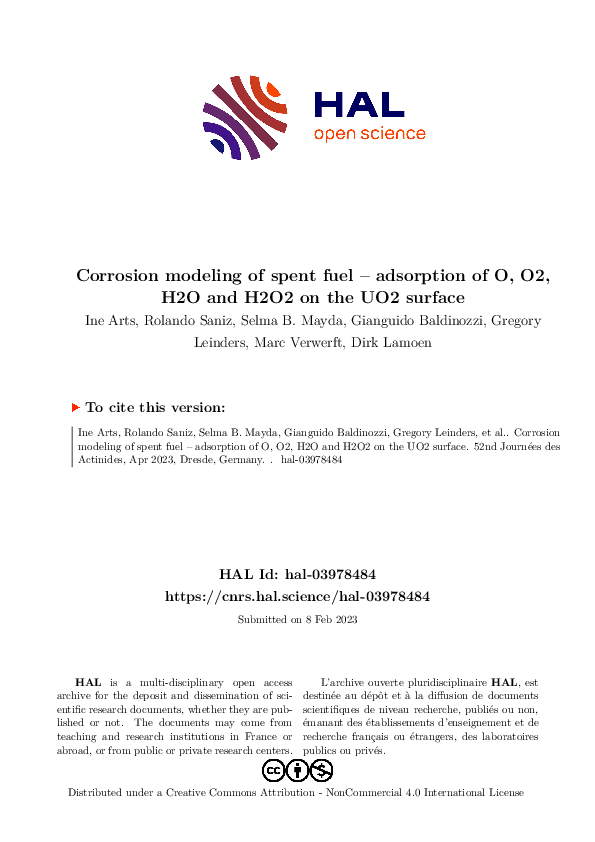 (PDF) Corrosion modeling of spent fuel – adsorption of O, O2, H2O and H2O2 on the UO2 surface
