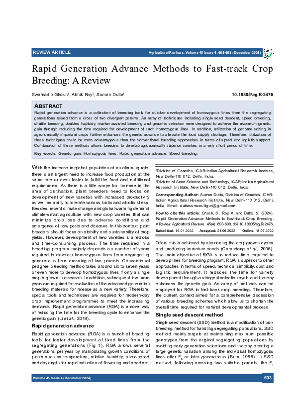 (PDF) Rapid Generation Advance Methods to Fast-track Crop Breeding: A ...