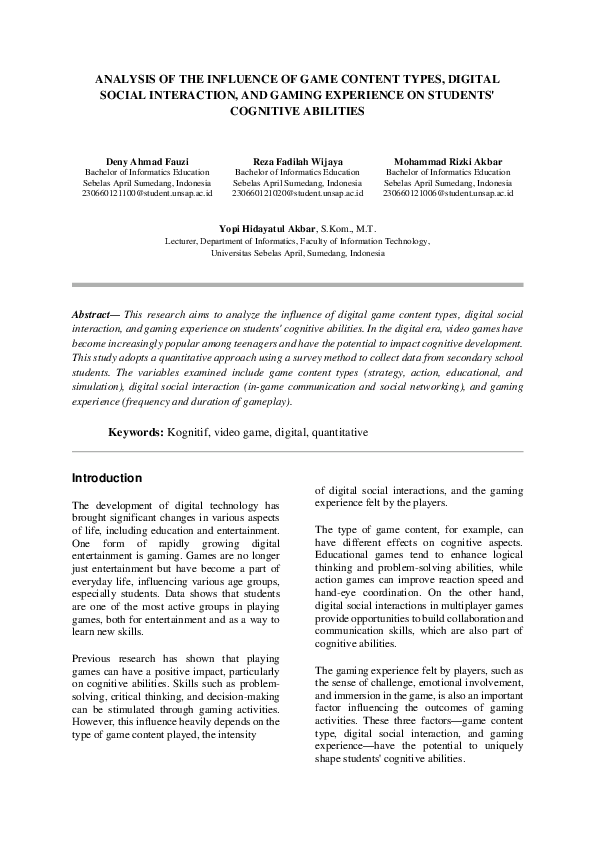 (PDF) ANALYSIS OF THE INFLUENCE OF GAME CONTENT TYPES