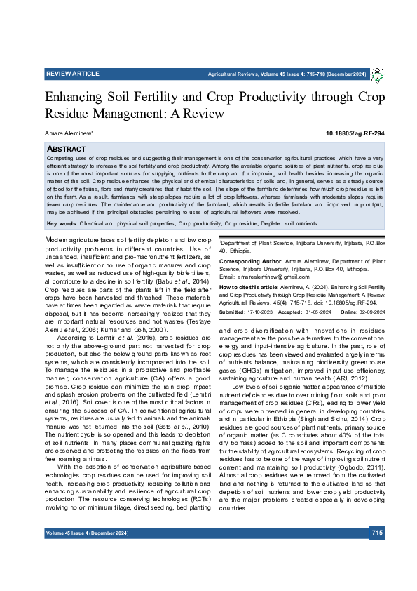 (PDF) Enhancing Soil Fertility and Crop Productivity through Crop Residue Management: A Review