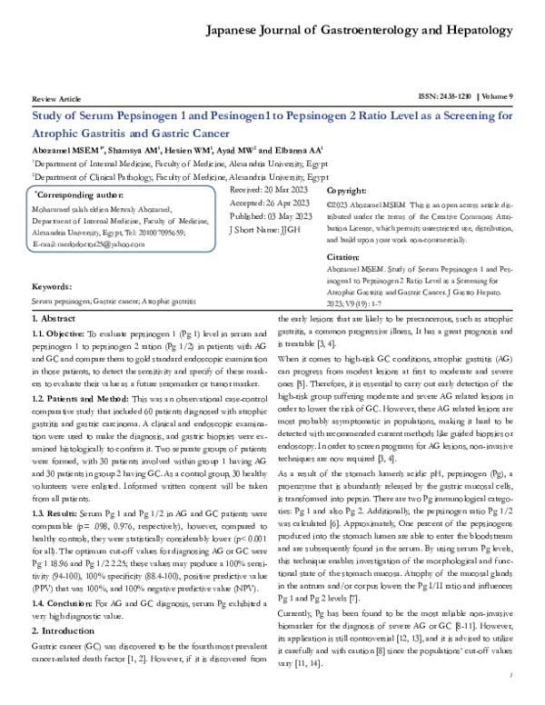 (PDF) Study of Serum Pepsinogen 1 and Pesinogen1 to Pepsinogen 2 Ratio ...