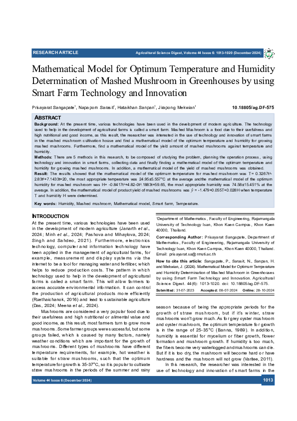 (PDF) Mathematical Model for Optimum Temperature and Humidity Determination of Mashed Mushroom ...