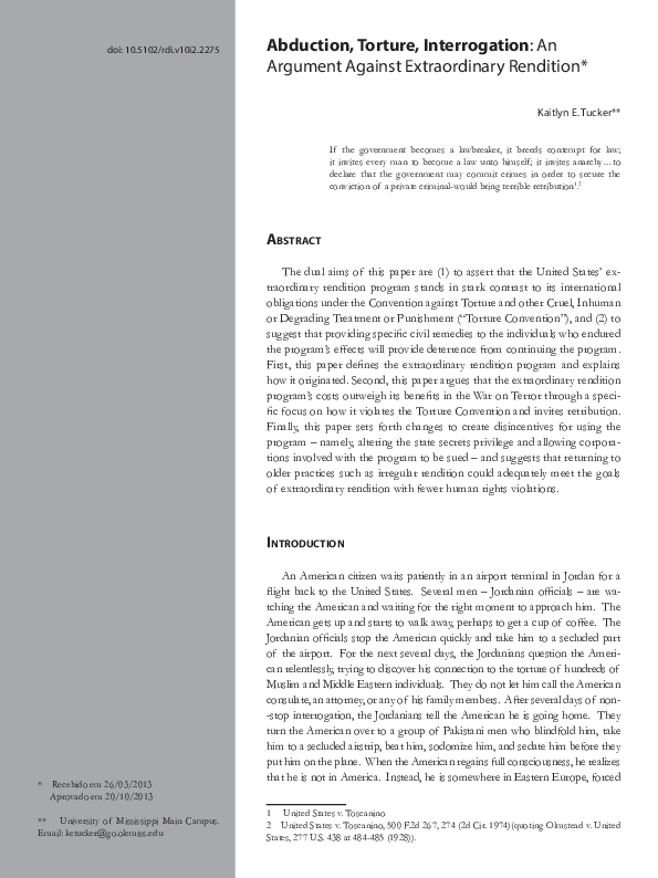 (PDF) Abduction, torture, interrogation: an argument against extraordinary rendition