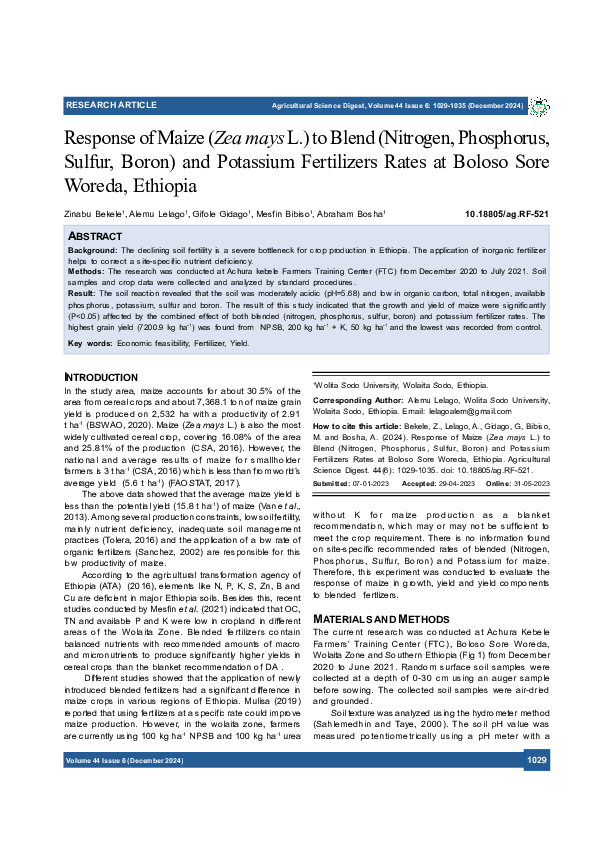 (PDF) Response of Maize (Zea mays L.) to Blend (Nitrogen, Phosphorus, Sulfur, Boron) and ...