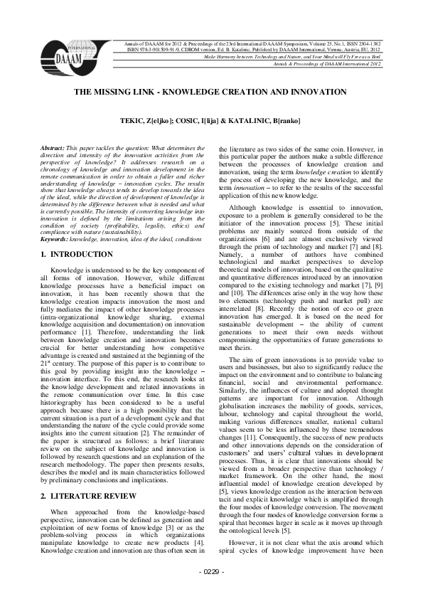 (PDF) The Missing Link – Knowledge Creation and Innovation