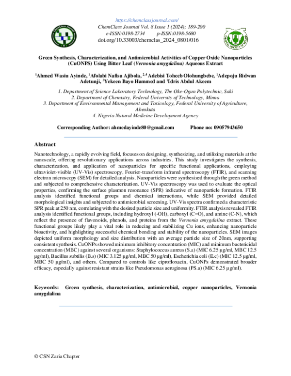 (PDF) Green Synthesis, Characterization, and Antimicrobial Activities of Copper Oxide ...