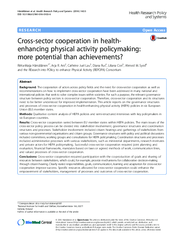 (PDF) Cross-sector cooperation in health-enhancing physical activity policymaking: more ...