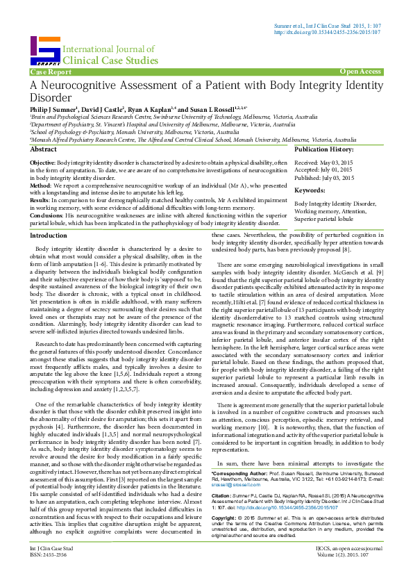 (PDF) A Neurocognitive Assessment of a Patient with Body Integrity ...