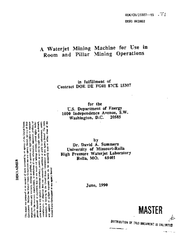 (PDF) A waterjet mining machine for use in room and pillar mining ...