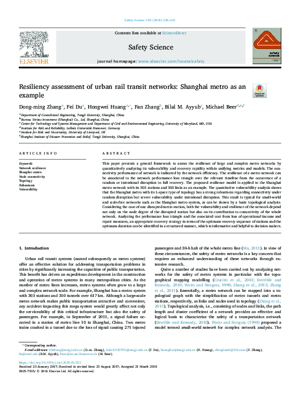 (PDF) Resiliency assessment of urban rail transit networks: Shanghai metro as an example