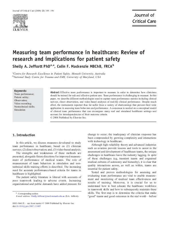 (PDF) Measuring team performance in healthcare: Review of research and ...