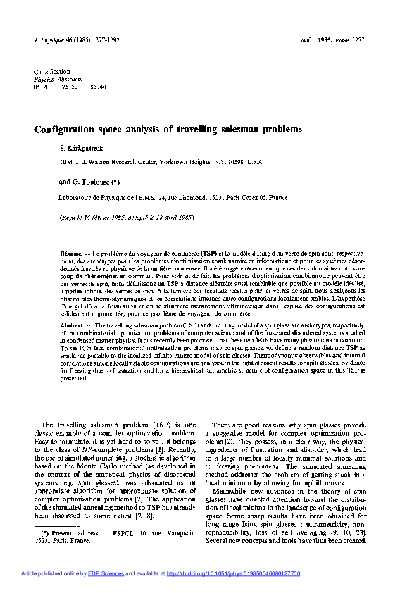 (PDF) Configuration space analysis of travelling salesman problems (PDF) Configuration space analysis of travelling salesman problems