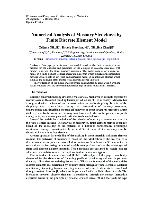 (PDF) Numerical analysis of masonry structures by finite-discrete element model