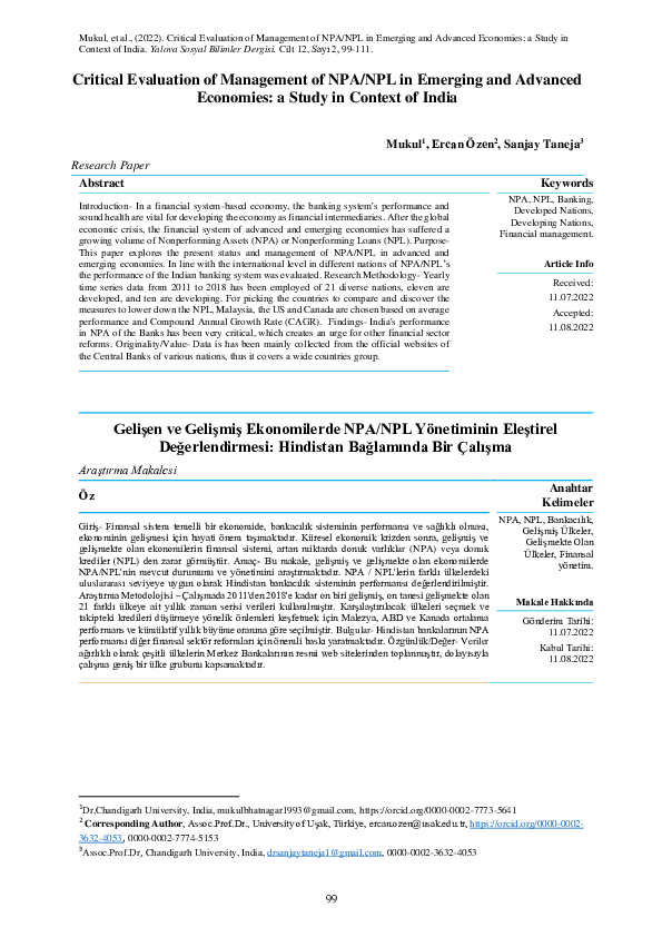 (PDF) Gelişen ve Gelişmiş Ekonomilerde NPA/NPL Yönetiminin Eleştirel Değerlendirmesi: Hindistan ...