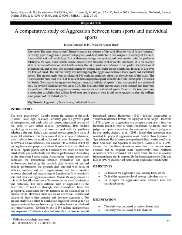 (PDF) A Comparative Study of Aggression Between Team Sports and ...