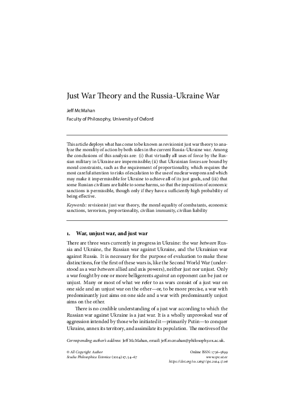 (PDF) Just War Theory and the Russia-Ukraine War