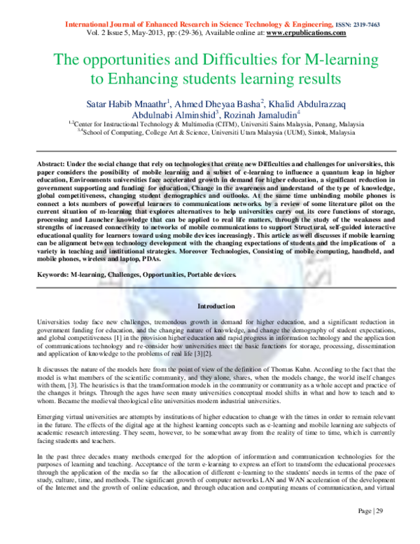 (PDF) The opportunities and Difficulties for M-learning to Enhancing ...