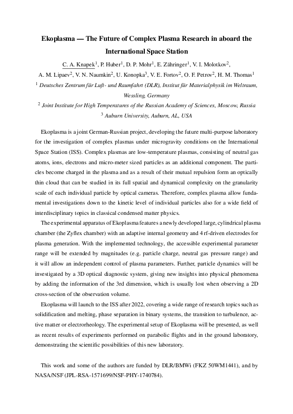 (PDF) Ekoplasma - The future of complex plasma research aboard ...
