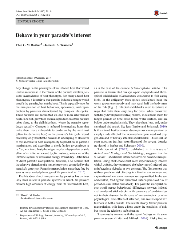 (PDF) Behave in your parasite’s interest