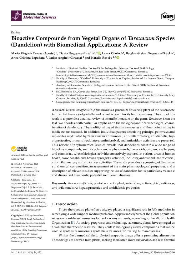(PDF) Bioactive Compounds from Vegetal Organs of Taraxacum Species (Dandelion) with Biomedical ...