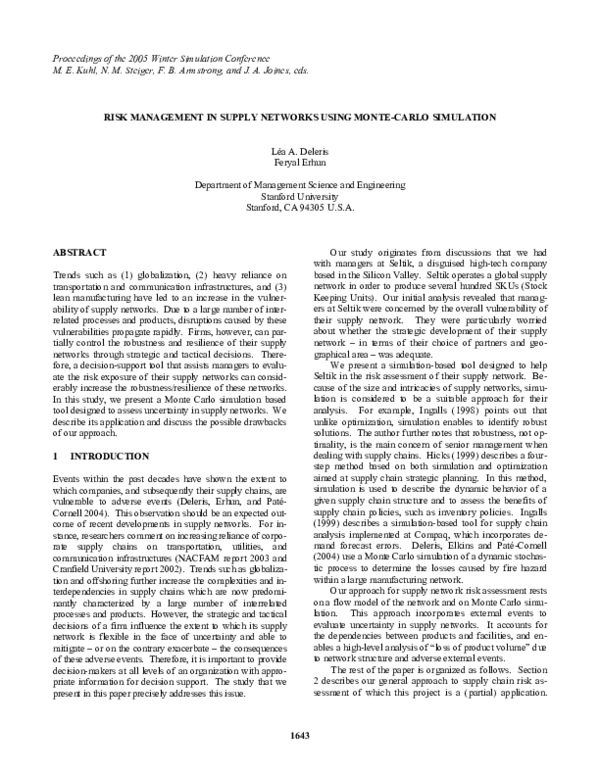 (PDF) Risk Management in Supply Networks Using Monte-Carlo Simulation
