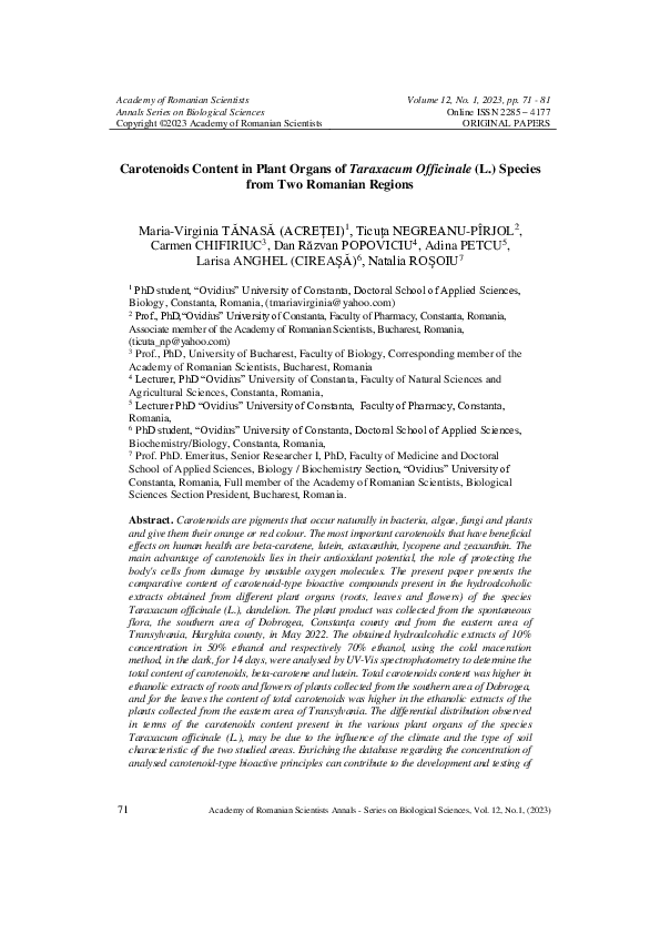 (PDF) Carotenoids Content in Plant Organs of Taraxacum Officinale (L.) Species