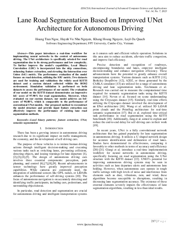 (PDF) Lane Road Segmentation Based on Improved UNet Architecture for Autonomous Driving