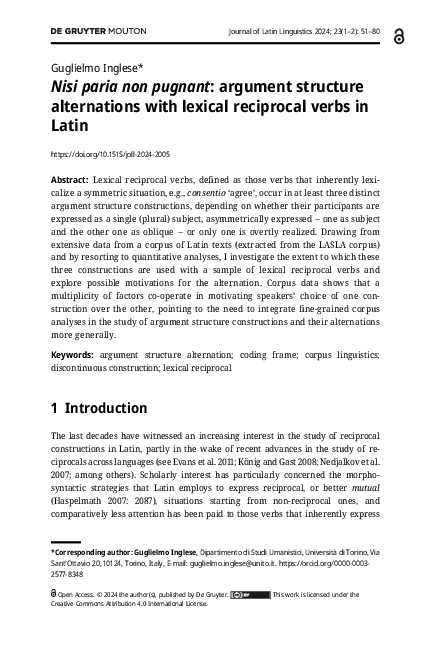 (PDF) Nisi paria non pugnant: argument structure alternations with lexical reciprocal verbs in Latin