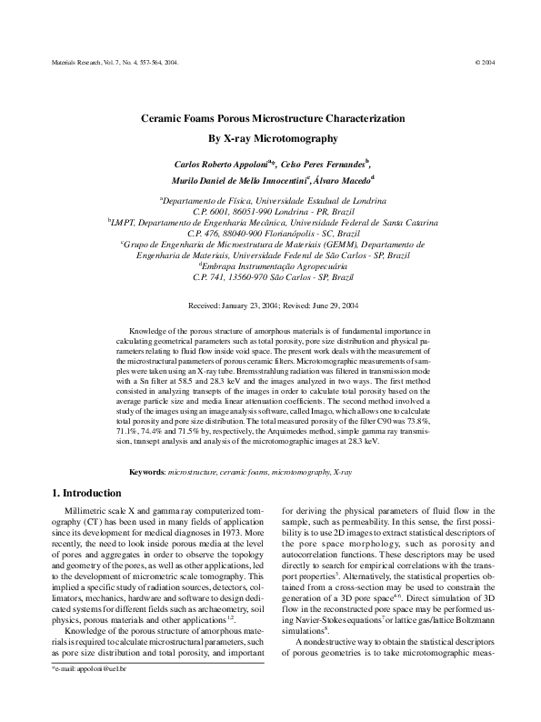 Pdf Ceramic Foams Porous Microstructure Characterization By X Ray Microtomography