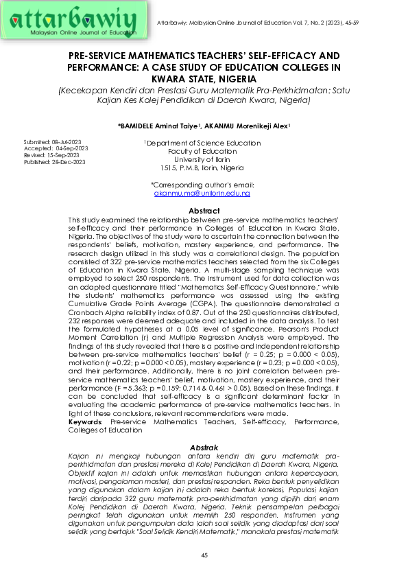 (PDF) Pre-Service Mathematics Teachers’ Self-Efficacy and Performance ...