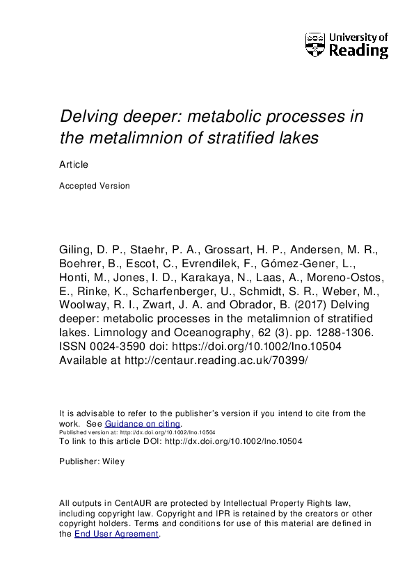 (PDF) Delving deeper: Metabolic processes in the metalimnion of stratified lakes