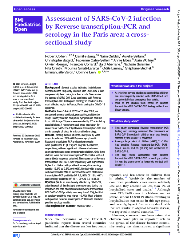 Pdf Assessment Of Sars Cov 2 Infection By Reverse Transcription Pcr And Serology In The Paris