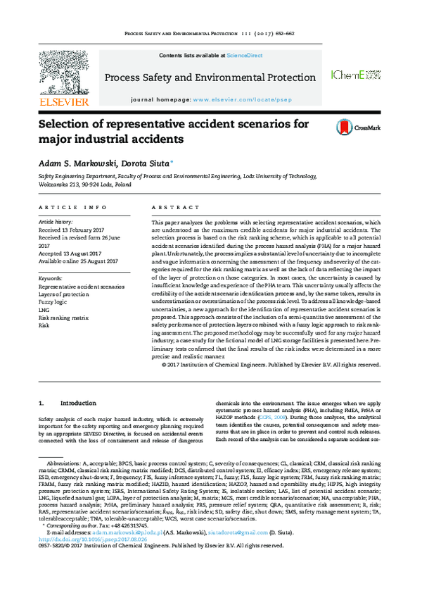 (PDF) Selection of representative accident scenarios for major ...