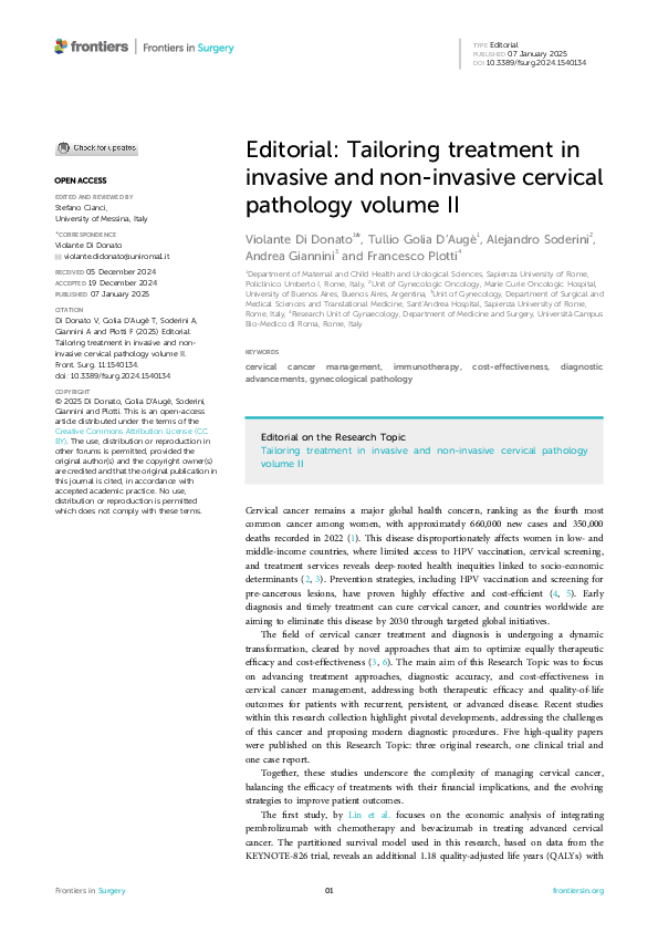 (PDF) Editorial: Tailoring treatment in invasive and non-invasive cervical pathology volume II