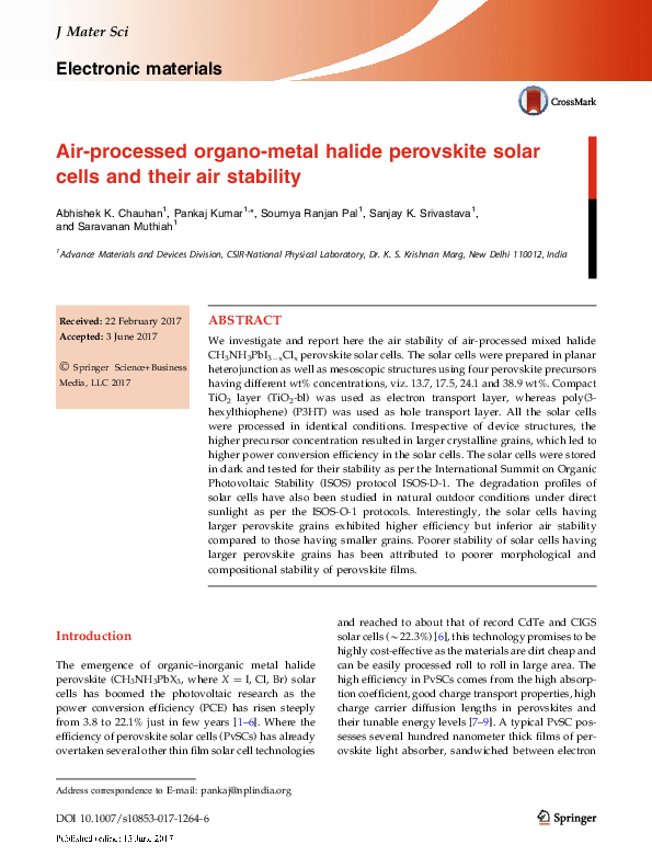 (PDF) Air-processed organo-metal halide perovskite solar cells and their air stability