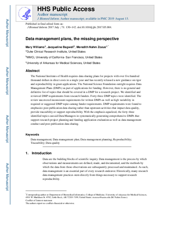 (PDF) Data Management Plans, The Missing Perspective