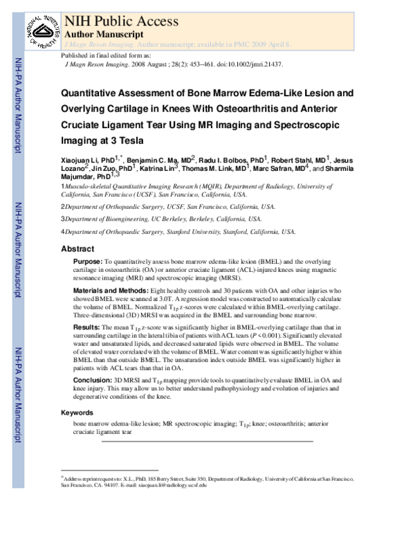 (PDF) Quantitative assessment of bone marrow edema‐like lesion and overlying cartilage in knees ...