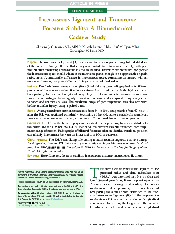 (PDF) Interosseous Ligament and Transverse Forearm Stability: A ...