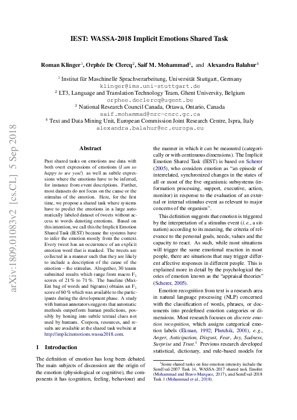 (PDF) IEST: WASSA-2018 Implicit Emotions Shared Task