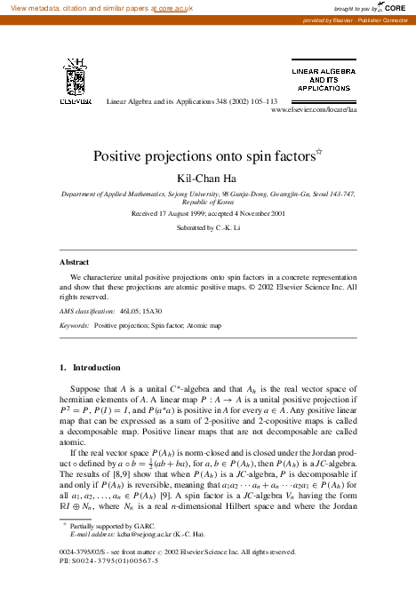 (PDF) Positive Projections on Spin Factors