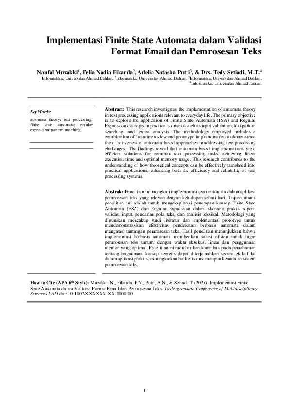 (PDF) Implementasi Finite State Automata dalam Validasi Format Email dan Pemrosesan Teks