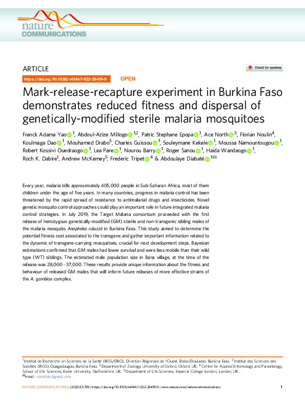 Mark-release-recapture experiment in Burkina Faso demonstrates reduced ...