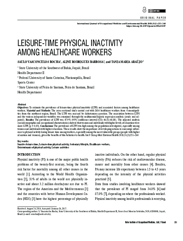 (PDF) Leisure-time physical inactivity among healthcare workers