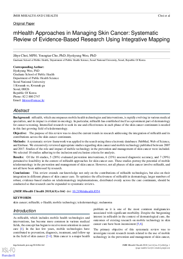 (PDF) mHealth Approaches in Managing Skin Cancer: Systematic Review of ...