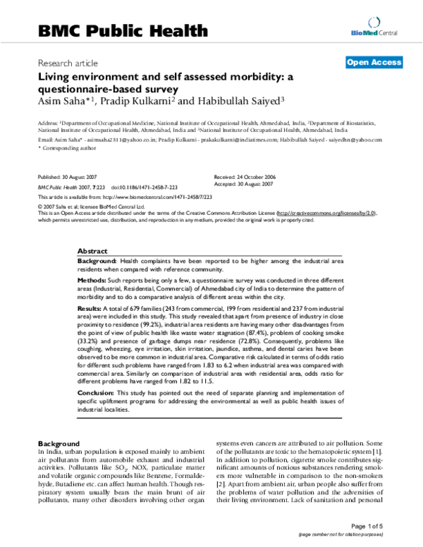 (PDF) Living environment and self assessed morbidity: a questionnaire ...