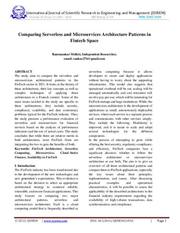 (PDF) Comparing Serverless and Microservices Architecture Patterns in Fintech Space